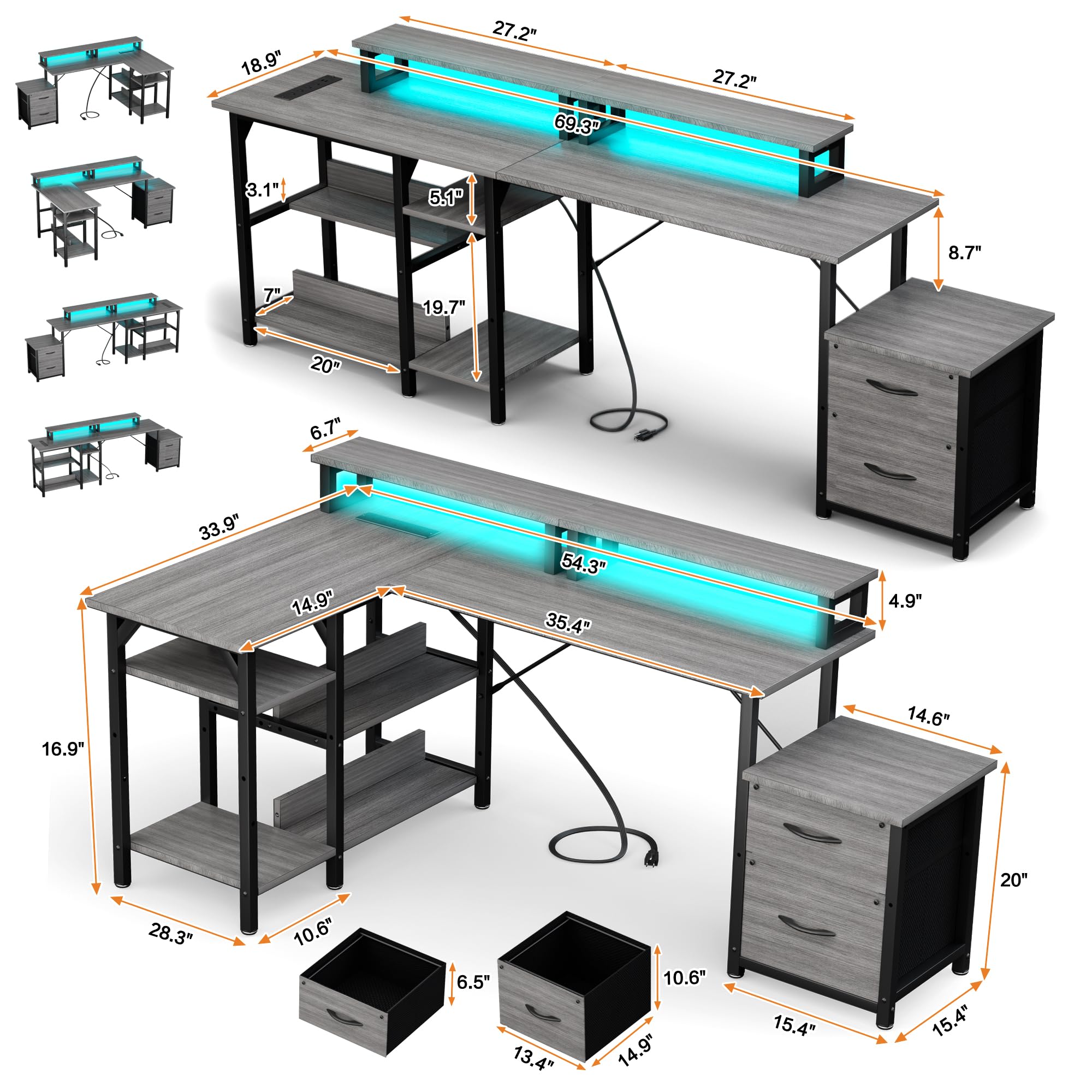 oopswow L Shaped Desk, Office Desk,68 Inch Corner Desk with File Drawers & Storage Shelves,Large Reversible Home Office Desks Writing Study Table Workstation with Power Outlets & LED Lights,Grey