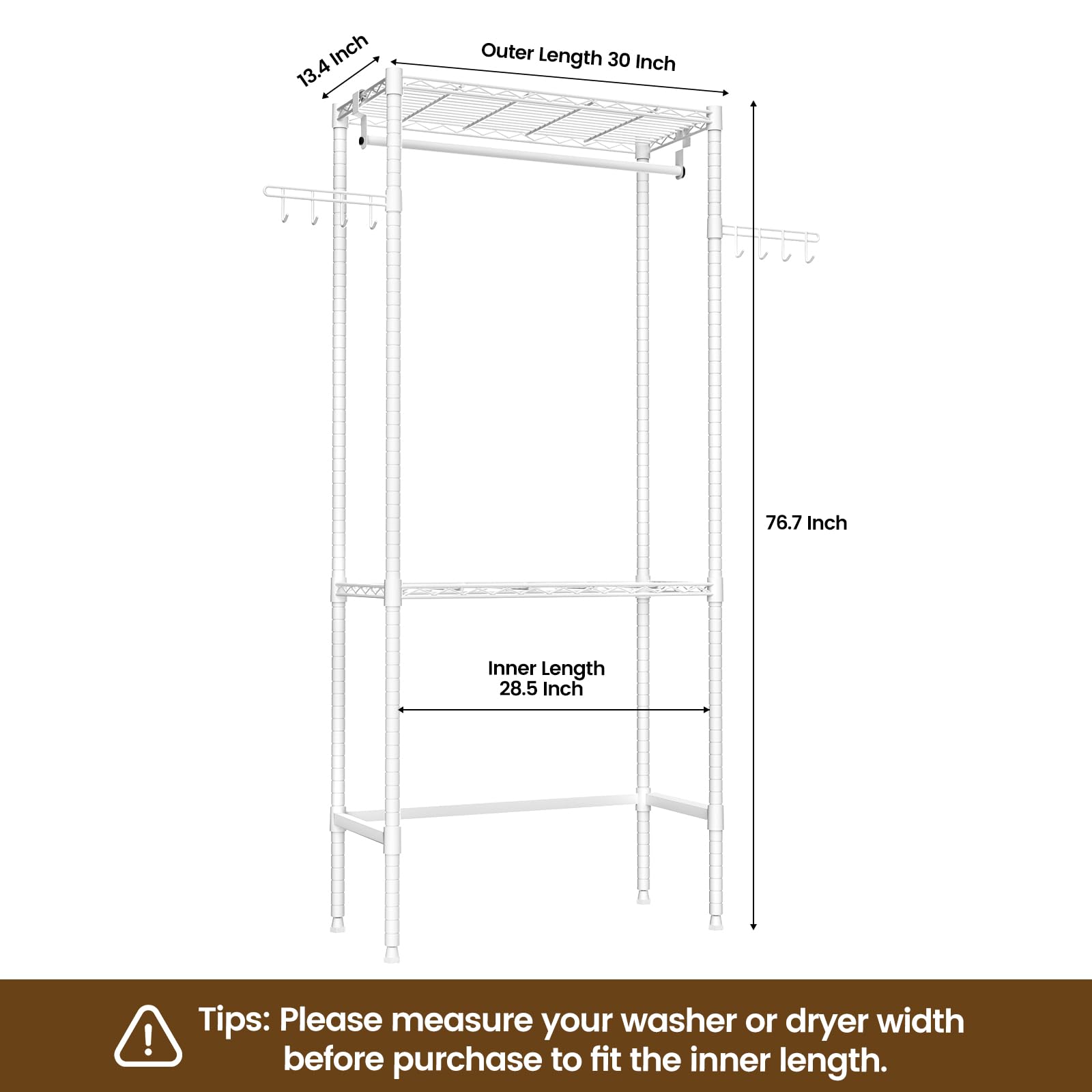 Memobarco Over Washer and Dryer Shelves, 2 Tiers Metal Clothes Drying Rack, Laundry Room Bathroom Organization, Space Saving Freestanding Closet Organizer Storage with Wire Shelves Side Hooks, White
