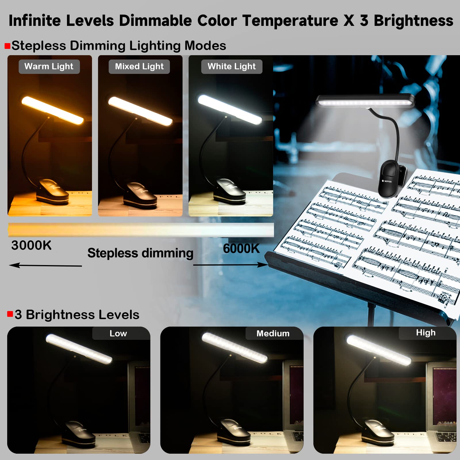 Glovion Music Stand Light, Clip On Piano Lights 37 LED Book Light, 3 Brightness X Stepless Dimmable Color Orchestra Light, USB Rechargeable Perfect for Piano, Guitar, Orchestra, Reading Sewing