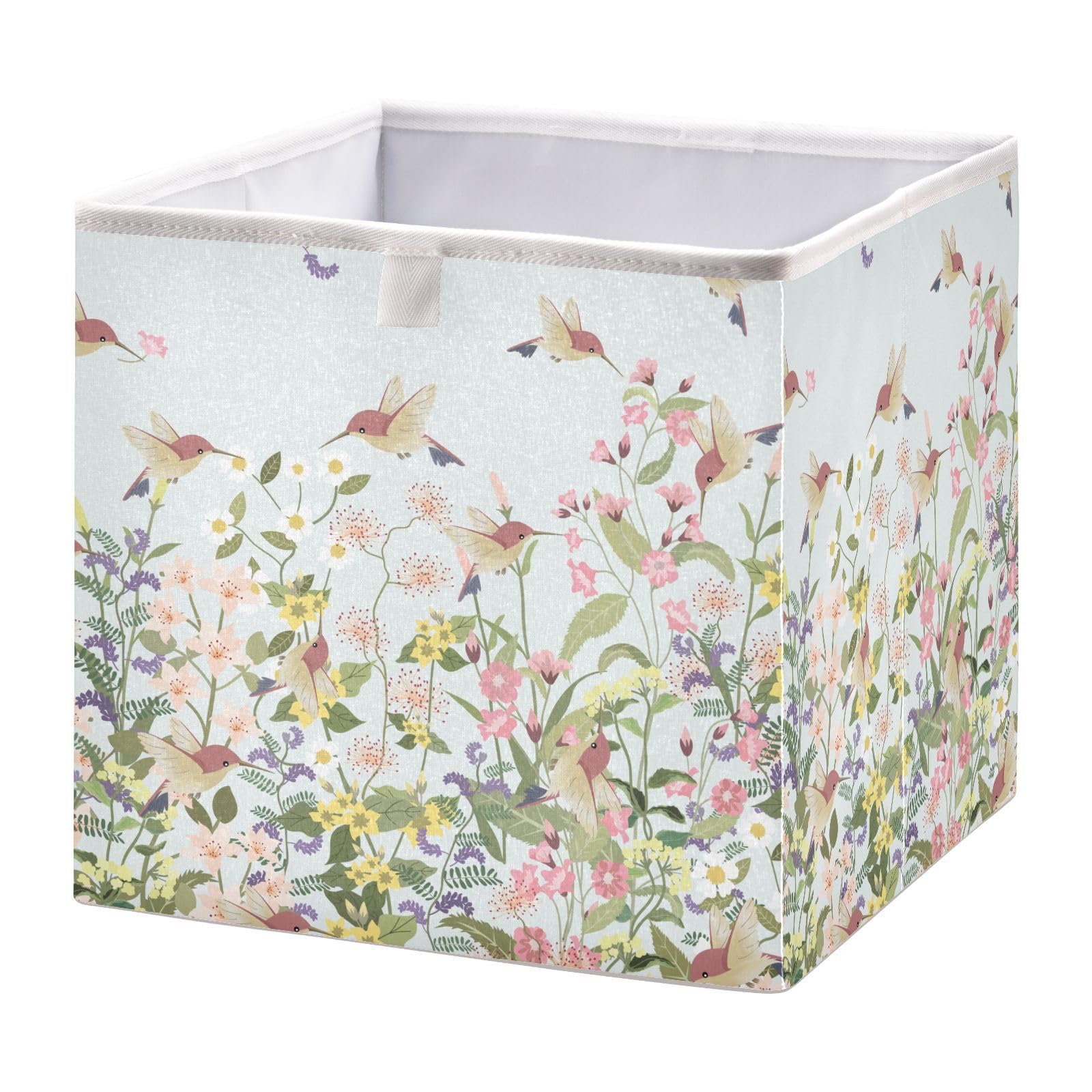 FUGIDOG 11x11x11 inch Fabric Storage Bins Flowers Hummingbirds Foldable Storage Cubes Baskets with Handles Clothes Toys Storage Box for Nursery Closet Shelves Organizer