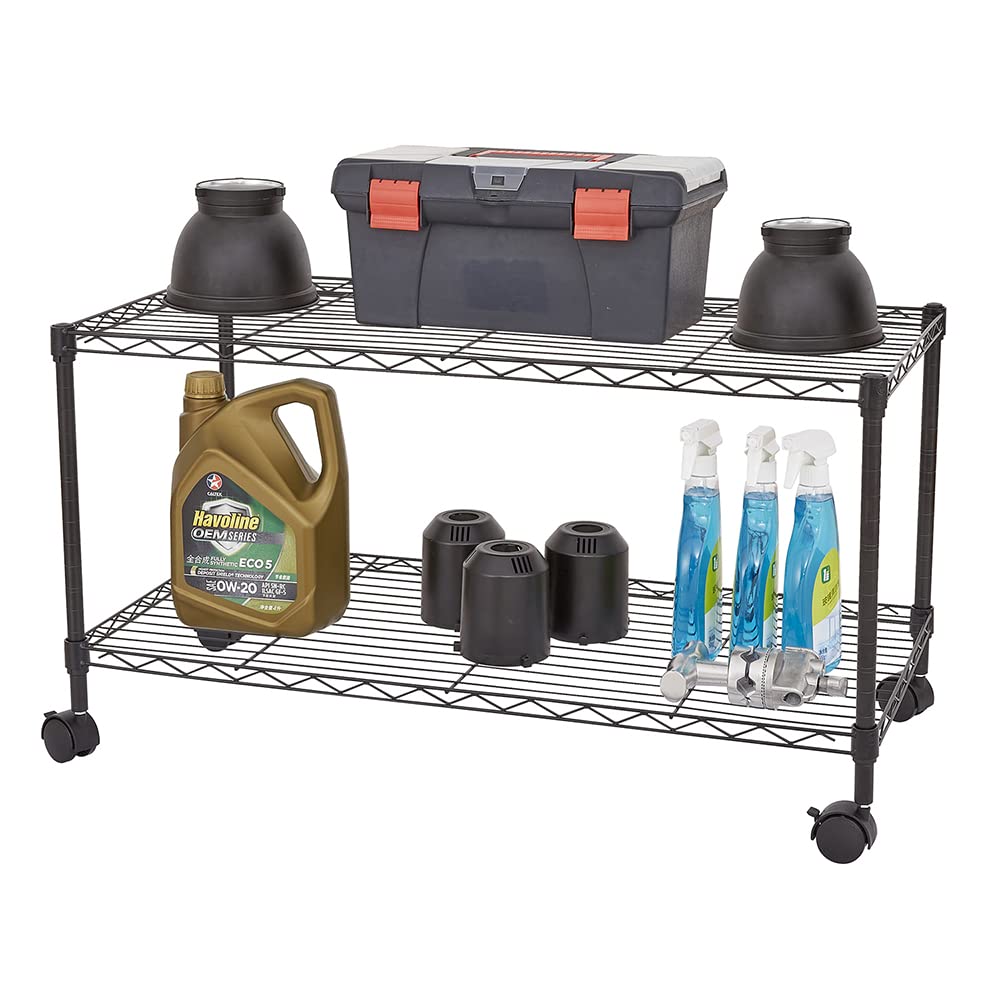 QXDRAGON Medium Adjustable, Heavy Duty Storage Shelving Unit on Wheel Casters, Metal Organizer Wire Rack, Black (2-Shelf, 35.43" L x 17.72" W x 19.29" H)