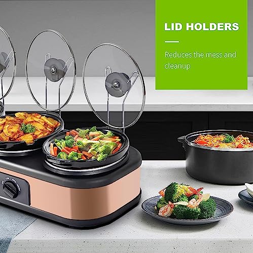 Sunvivi Triple Slow Cookers, 3x1.5 Qt Food Warmer Adjustable-Temp Server, Buffet Server for Parties, Mini Crock Dips Pot, Entertaining & Holiday, Dishwasher Safe Glass Lid & Ceramic Pot, Stainless Copper with Lid Rests, 2 Year-Guarantee