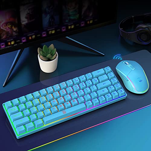 Snpurdiri 60% Wireless Gaming Keyboard and Mouse Combo,LED Backlit Rechargeable 2000mAh Battery,Small Membrane But Mechanical Feel Keyboard + 6D 3200DPI Mice for Gaming,Business Office(Blue