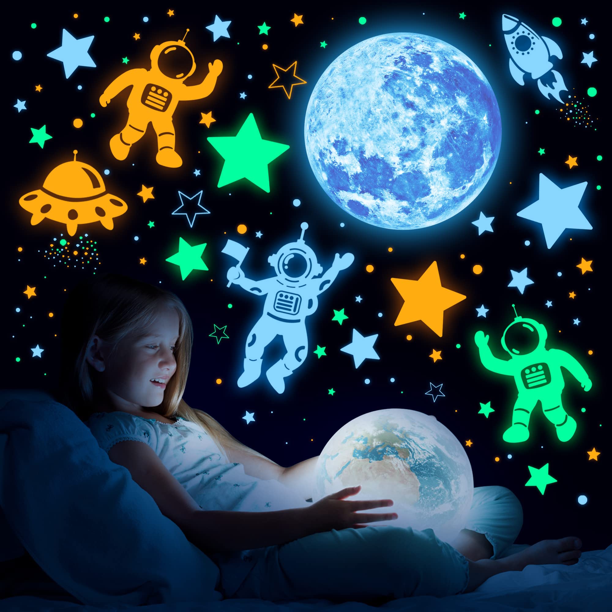 Glow in The Dark Stars,1148Pcs Colorful Glow in The Dark Moon and Stars for Ceiling Space Astronaut Wall Decals Glowing Universe Galaxy Planet Wall Stickers for Kids Bedroom Room Nursery Decor
