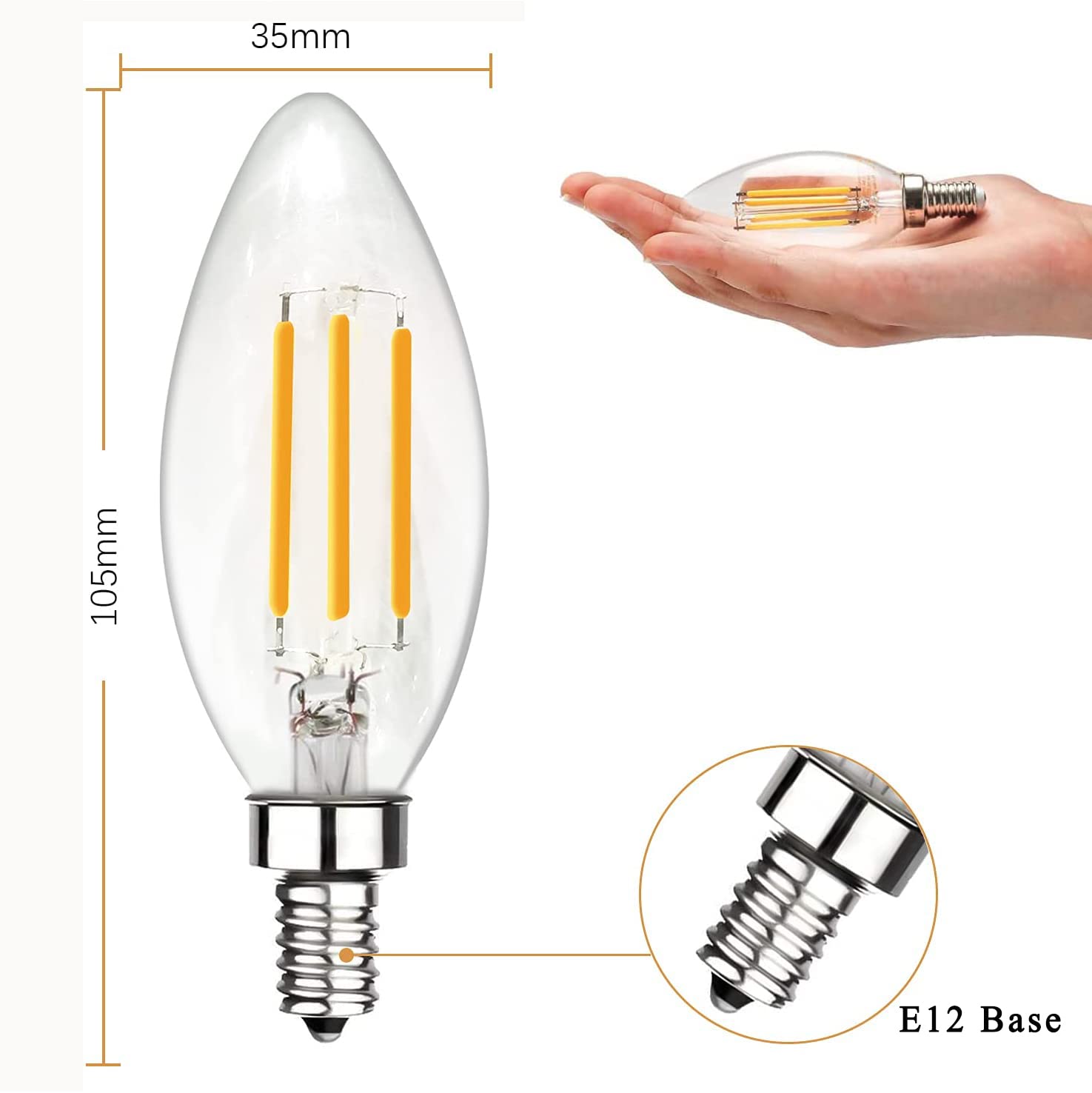E12 LED Bulbs, Non-Dimmable E12 Candelabra LED Bulb 40 watt Equivalent, C35 2700K Energy Saving 4W Filament LED Chandelier Light Bulbs, Warm White Candelabra Bulbs for Ceiling Fan Home Decor,Pack of 6