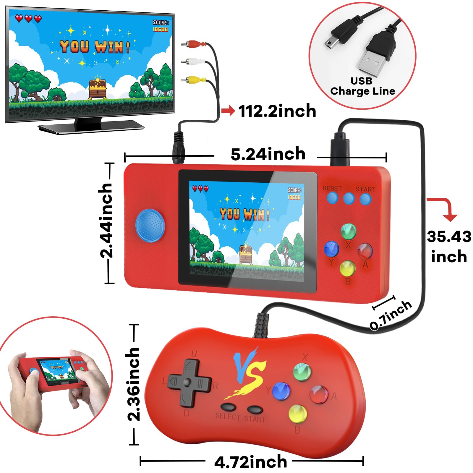 HAndPE Joystick Convenient to Hold Handheld Game Console, Retro Mini Game Player with 500 Classical FC Games Support for TV & Two Players, Rechargeable Battery, Present for Kids and Adult (Red)