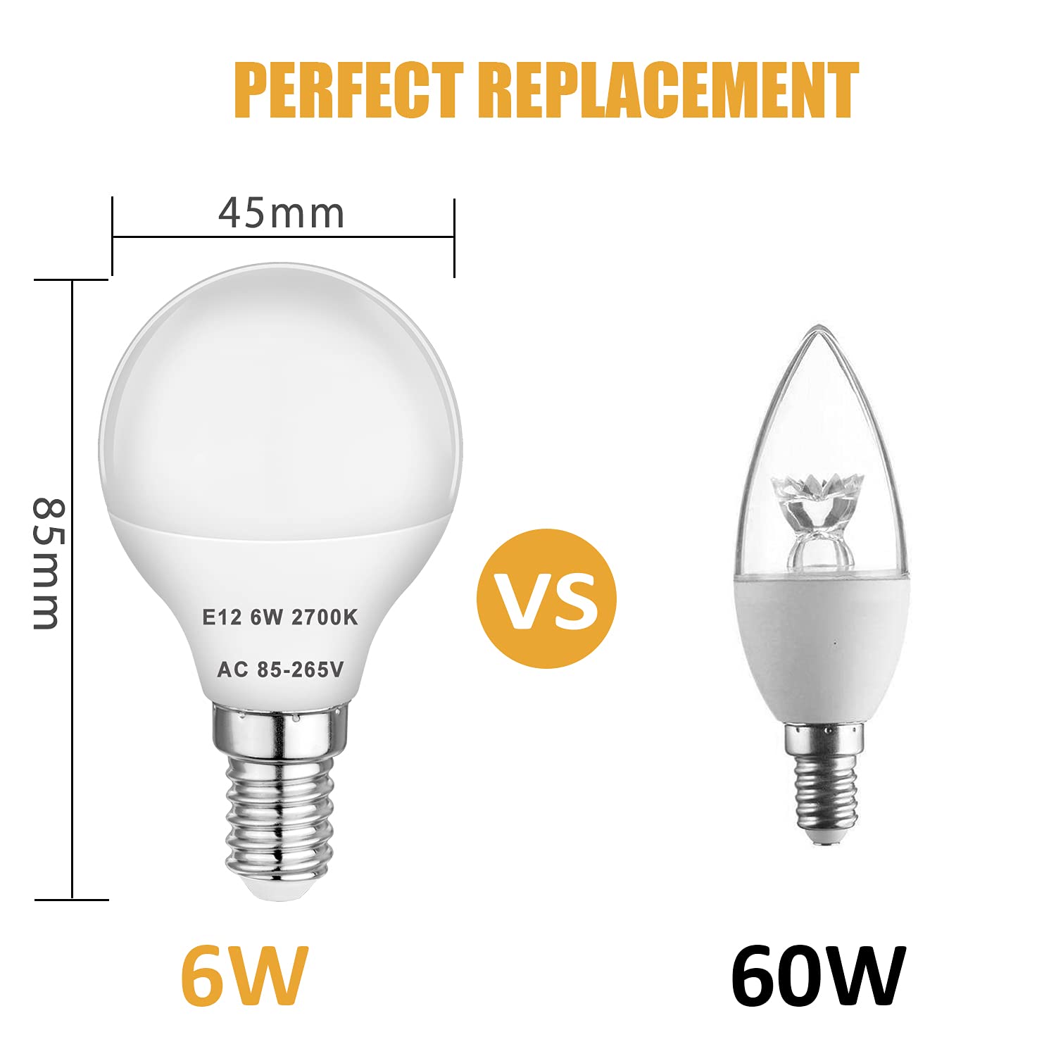 E12 LED Light Bulbs 6W for Ceiling Fan, 60W Equivalent Warm White 2700K Candelabra Round Light Bulbs, Small Base LED Chandelier Golf Ball Light Bulbs, Flicker Free, Not Dimmable, 600LM, 6 Pack