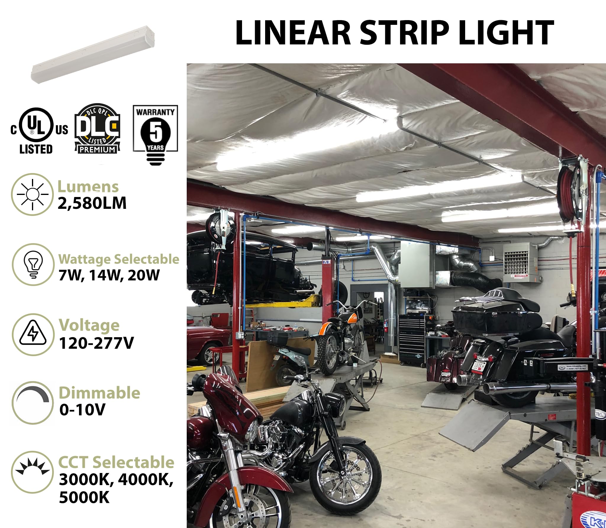 WareLight 2 Foot LED Narrow Strip Light, 2580 Lumens, Wattage and CCT Selectable, 120-277V