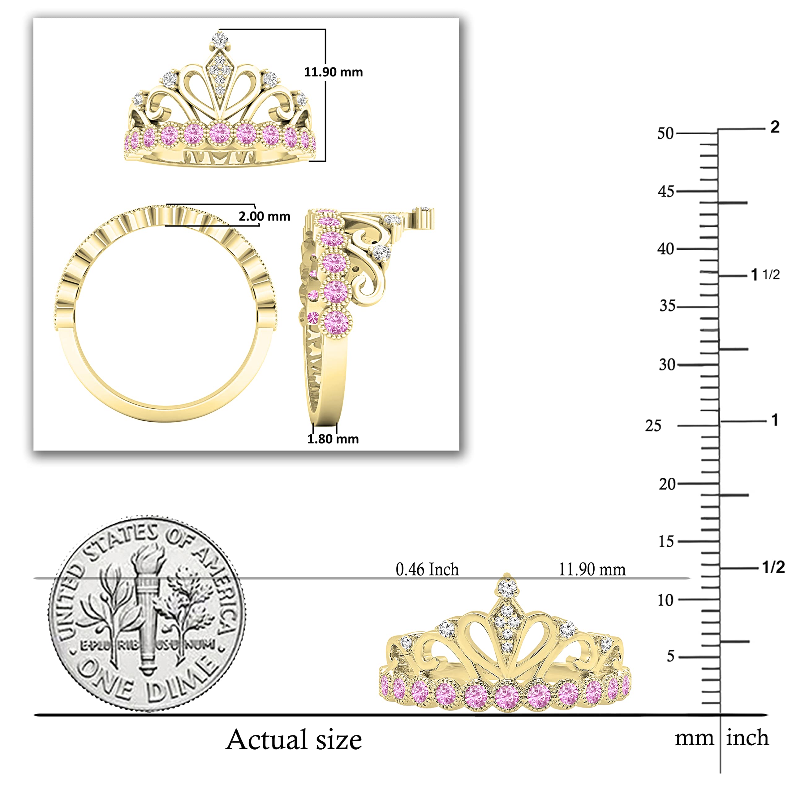 Dazzlingrock Collection Round Pink Sapphire & White Diamond Crown Style Engagement Ring for Women in 10K Yellow Gold, Size 6.5