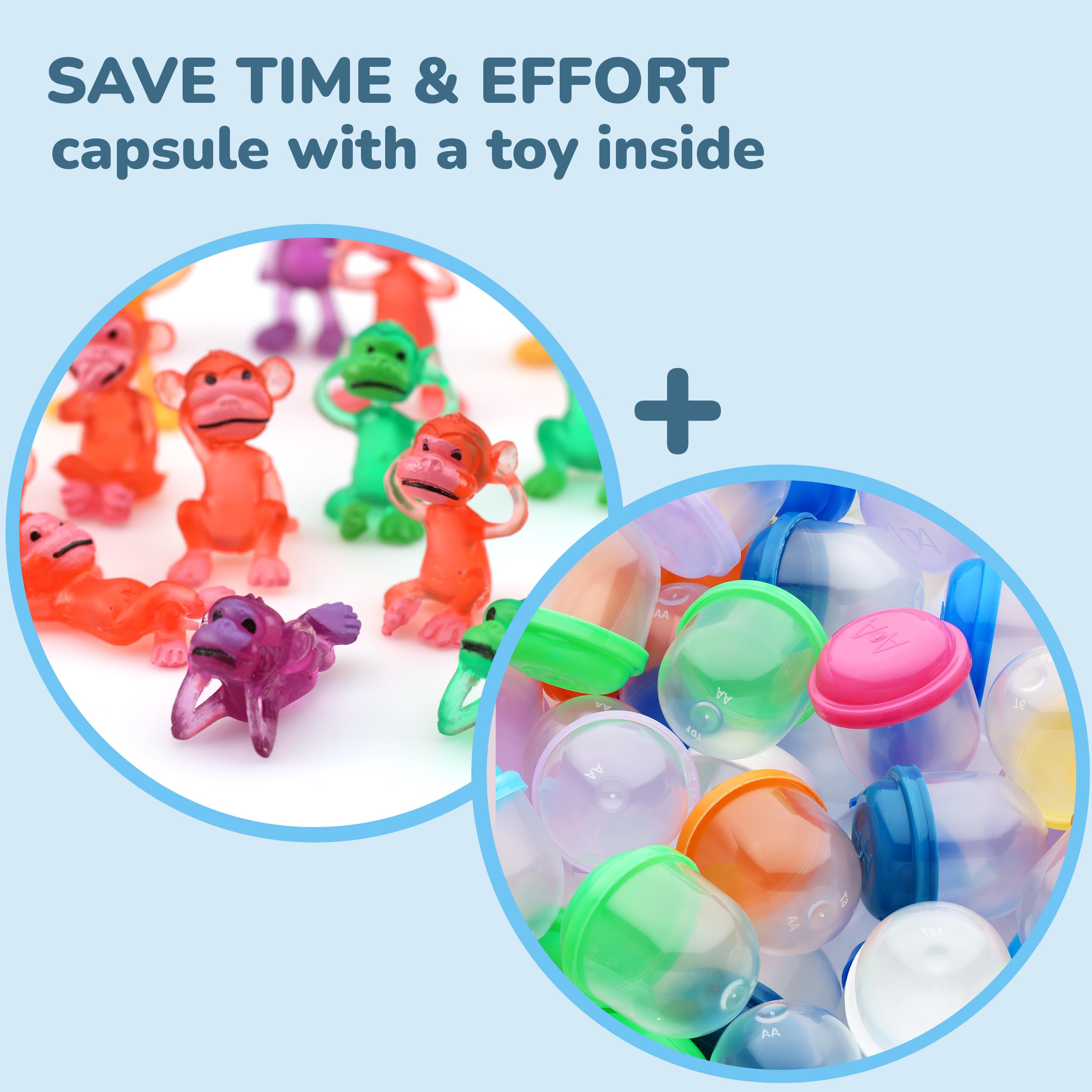 Entervending Monkey Toys in Capsules Bulk - 50 Pcs - 1.1 Inch Plastic Capsules and Funny Monkey Figurines for Kids - Bulk Toys for Classroom Prizes – Easter Basket Stuffers