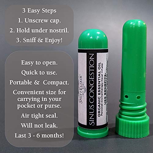 Sinus Relief Aromatherapy Nasal Inhaler - Relieves Severe Congestion, Pressure, Pain, Stuffy Nose - Open Sinuses & Breathe Right - Undiluted Organic Essential Oil Blend Diffuser Sniffer Stick