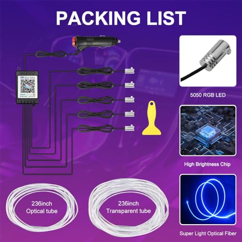 Remote Car LED Strip Lights, Multicolor Interior Car Lights,16 Million Colors 5 in 1 Ambient Lighting Kit with 236 inches Fiber Optic, Function and Wireless APP Control (5 in 1 APP)