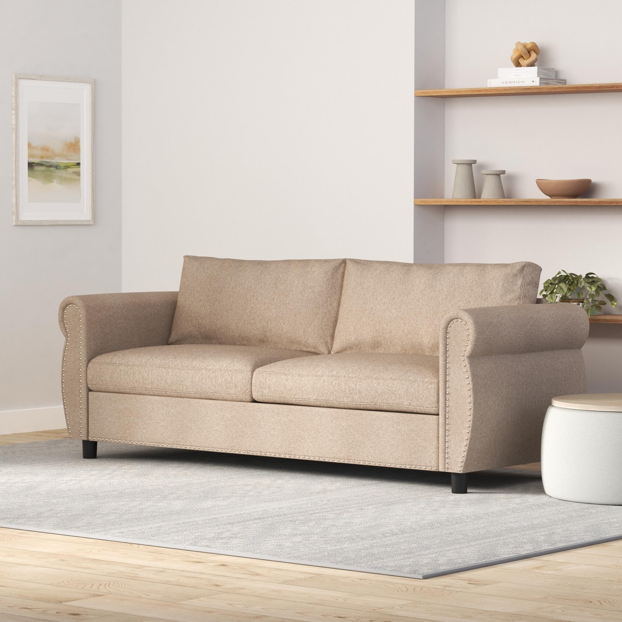 Merax Pull Out Sofa Bed, Queen Sleeper Couch with Memory Foam Mattress, Folding 2-in-1 Design, for Living Room, Guest Bedroom, Office, Beige