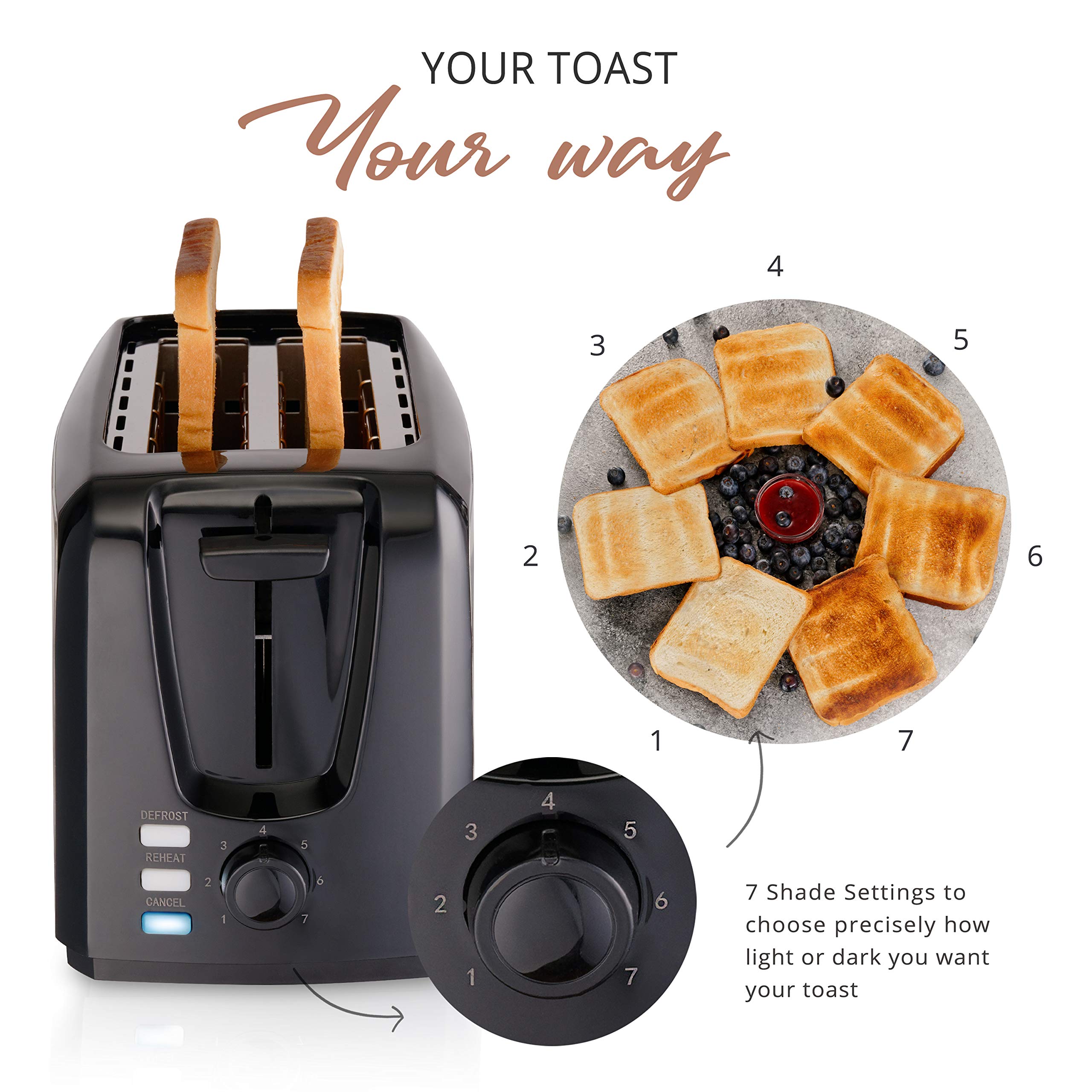 Gastrorag 2 Slice Toaster – Wide Slot Stainless Steel Toaster with 7 Bread Shade Settings, Reheat/Defrost/Cancel Functions, Removable Crumb Tray, Cool Touch & Easy Clean, Black/Silver