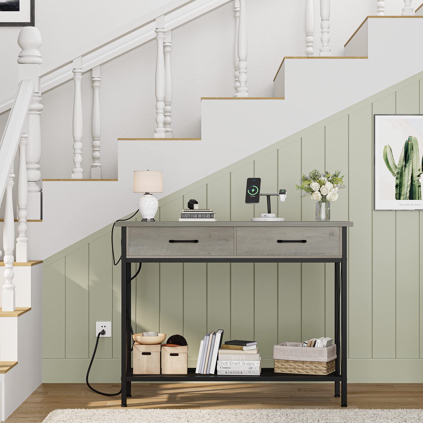 Entryway Table with 2 Drawers for Storage, 39.3''Console Table with Charging Station, Industrial Grey Sofa Table with Storage Shelves for Living Room, Couch, Hallway, Foyer, Entryway, Kitchen-2 Tier