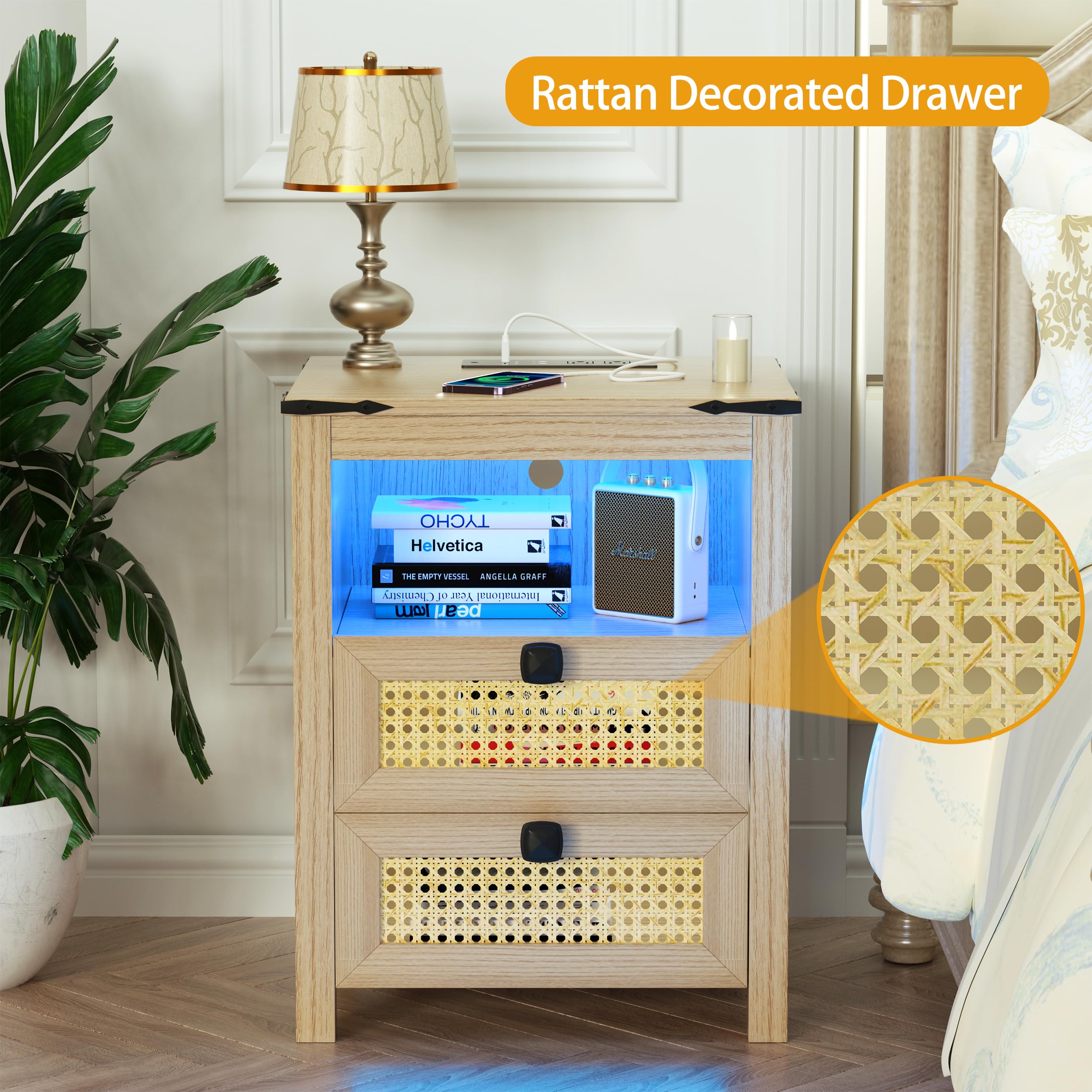 Night Stand with Charging Station, LED Nightstand with Rattan Drawers, Modern Side End Table with Human Sensor Light, Bedside Table for Bed Room Night Stand, Natural Wood (1PCS)