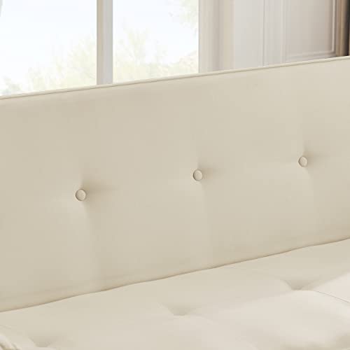 MWrouqfur Modern Fabric Sofa Bed Futon,Convertible Sleeper Loveseat with 2 Pillows and Armrests,75' Folding Recliner Couch Bed with Solid Wood Legs for Living Room Apartments Office (Beige), (0513)