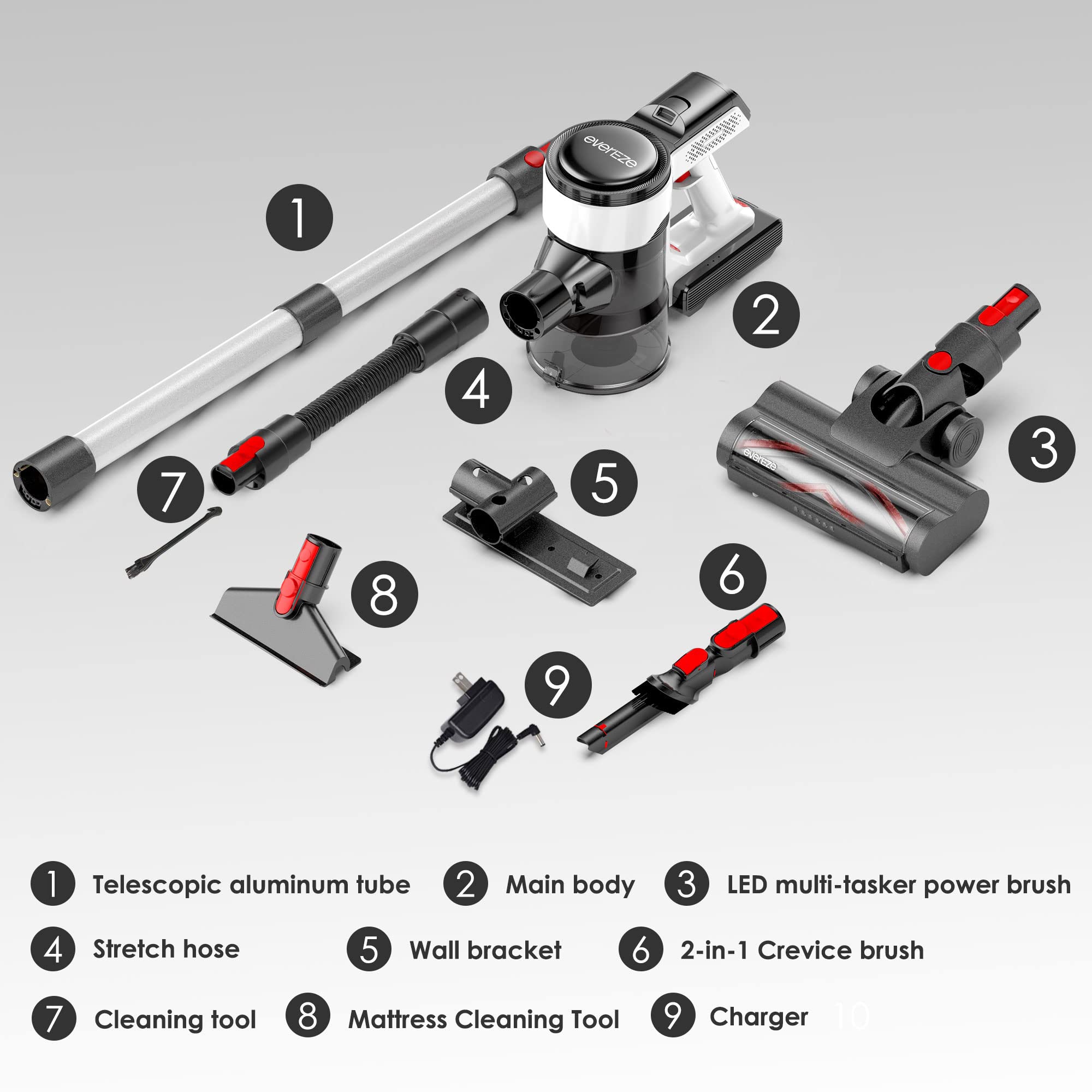 Evereze EVC4001 Cordless Stick Vacuum with 45 Minute Runtime, 1.1 Liter Large Dust Cup, Stretch Hose, LED Display, and Multiple Accessories