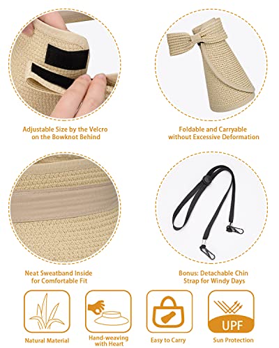 MAYLISACC Sun Visors Hats for Women Wide Brim Straw Sun UV Protection Beach Hats Foldable Floppy Hats for Women Travel