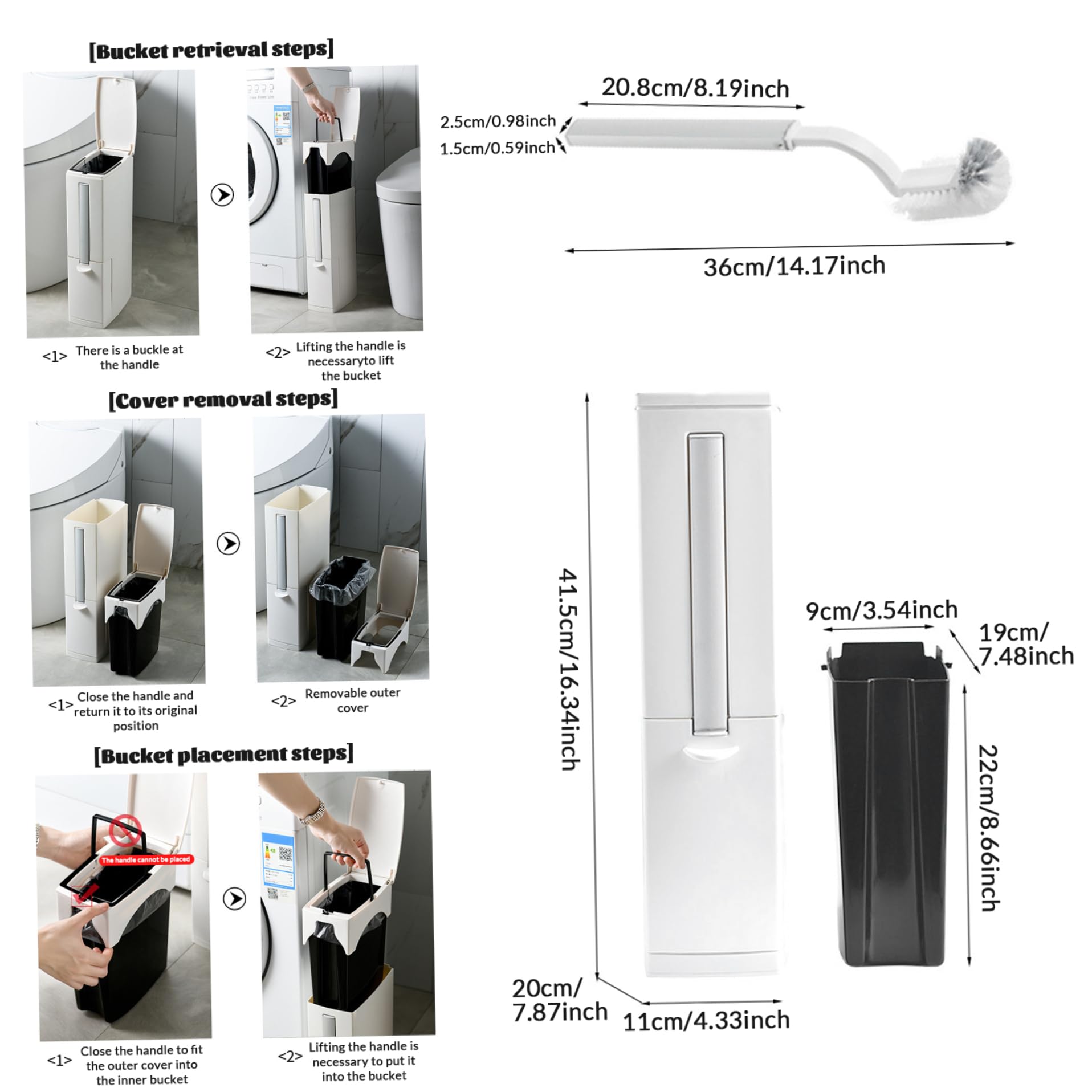 KDAMGOQE Bathroom Bin Bathroom Trash Can 4.3x7.9x16.3 in Slim Bathroom Bin with Toilet Brush Holder Press-Opening Space Saving White Rectangular Diaper Trash Can for Toilet Kitchen