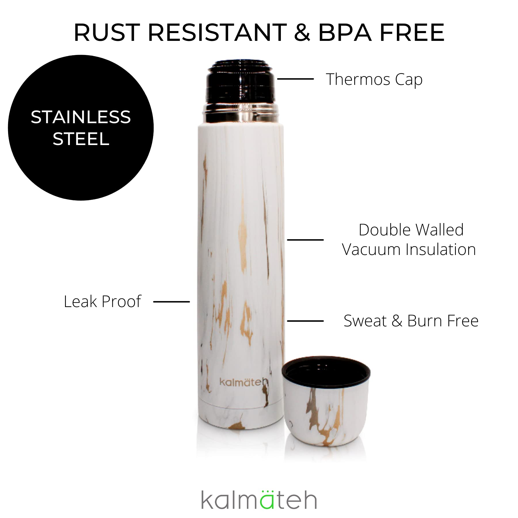 KALMATEH Modern & Elegant Yerba Mate Thermos- Vacuum Insulated and Double Walled 18/8 Stainless Steel- BPA Free - Thermos Designed for Use With Mate Cup or Mate Gourd (Wood, 1000ml)