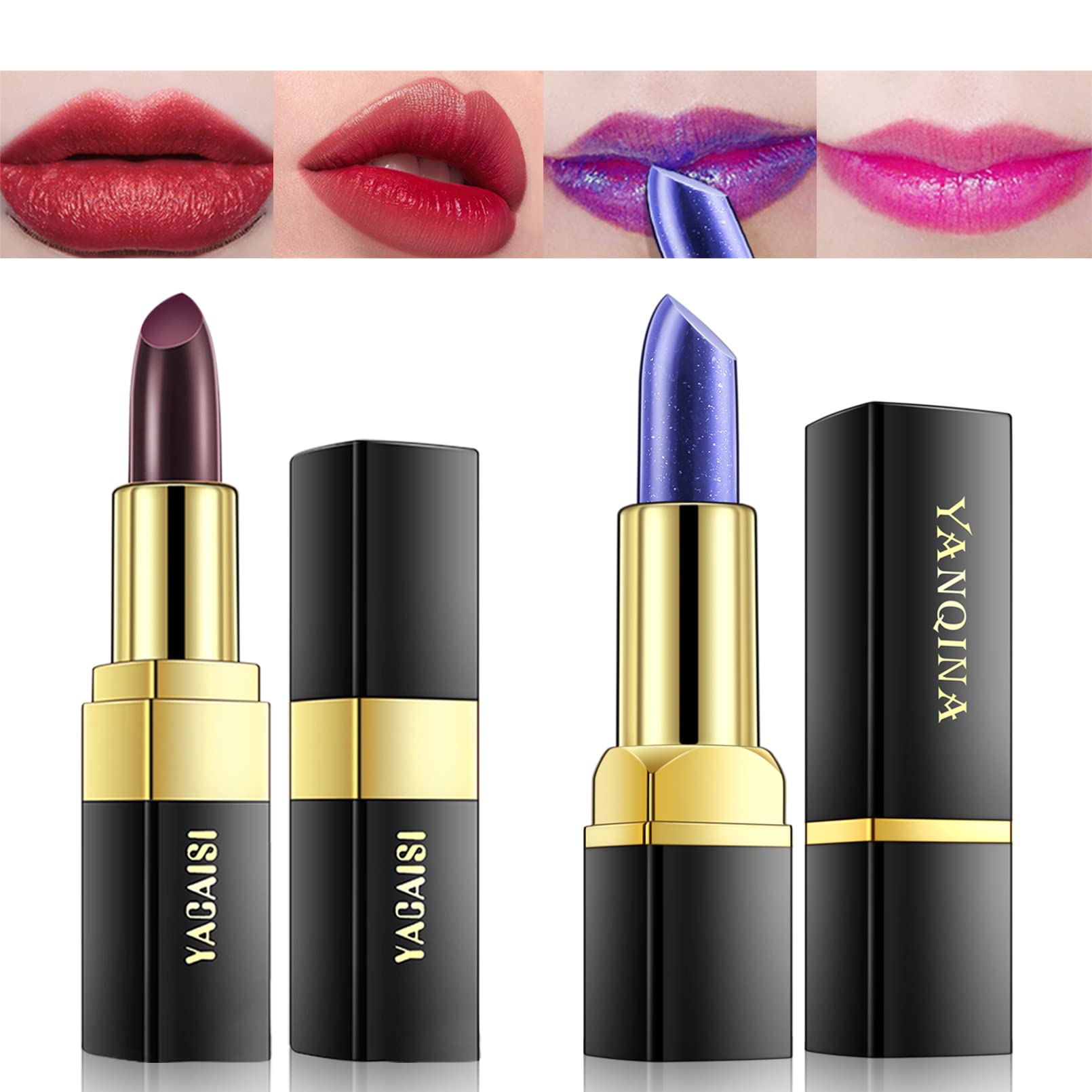 MEICOLY 2 Pcs Magic Color Changing Lipstick,Matte Black Shimmer Blue Lipstick,Labiales Magicos Nutritious Tinted Lip Balm Lips Moisturizer Lazy Lipstick For Women,Black+Blue