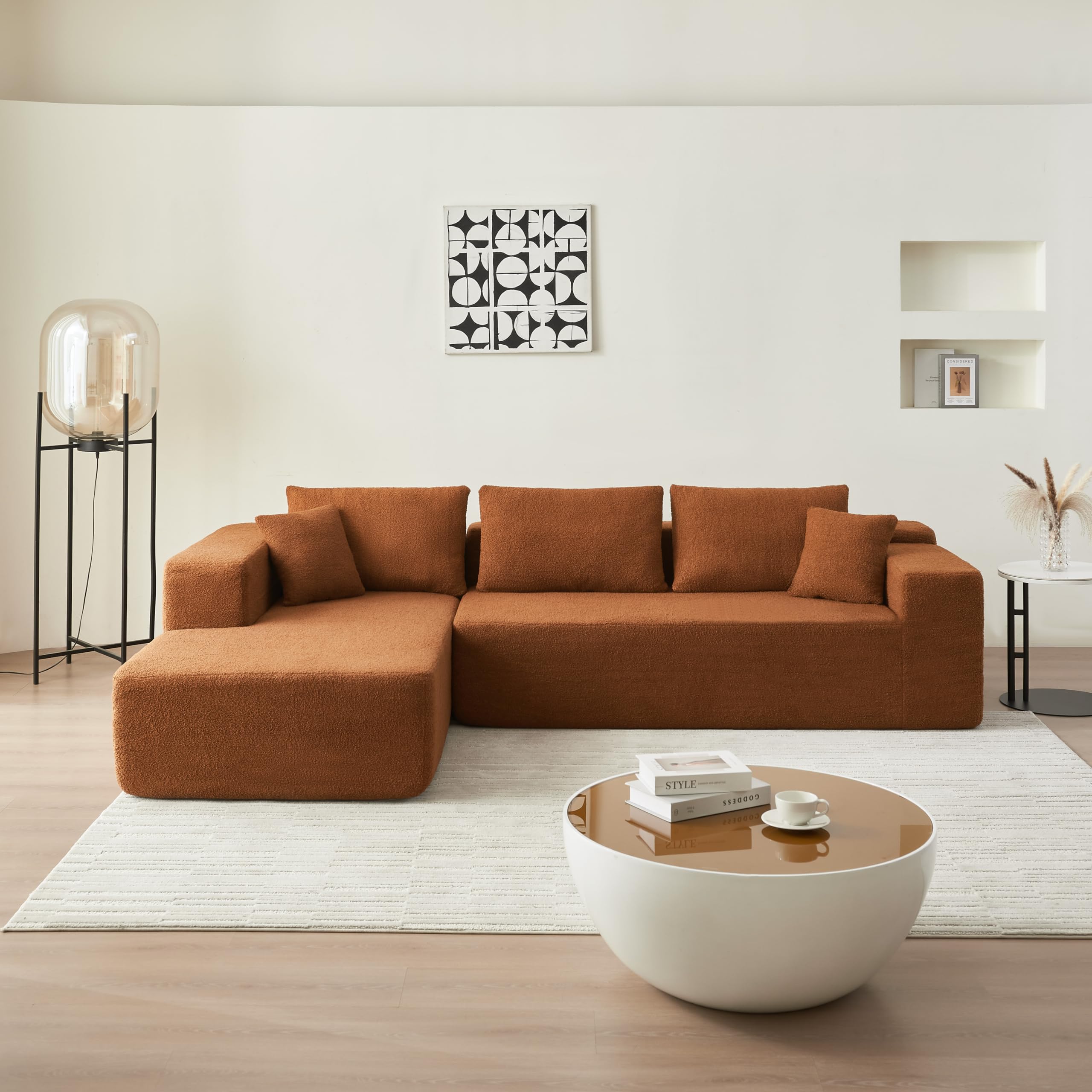 JUSTONE 104.33" Sponge Sectional Sofa Couch for Living Room, L Shaped Lamb Modular High Density Sponge Floor Sofa Couch with Chaise Lounge,Cloud Couch, Orange