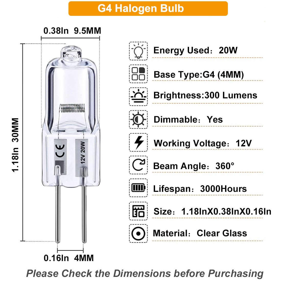 G4 Light Bulb, G4 Halogen Bulbs 20W, 10PCS G4 Bulb 12V AC/DC Dimmable, G4 Bi-Pin Base 2800K Warm White with Long Lasting Lifetime, High Brightness 300LM T3 JC Type, G4 Light for Cabinet Light Bulbs.