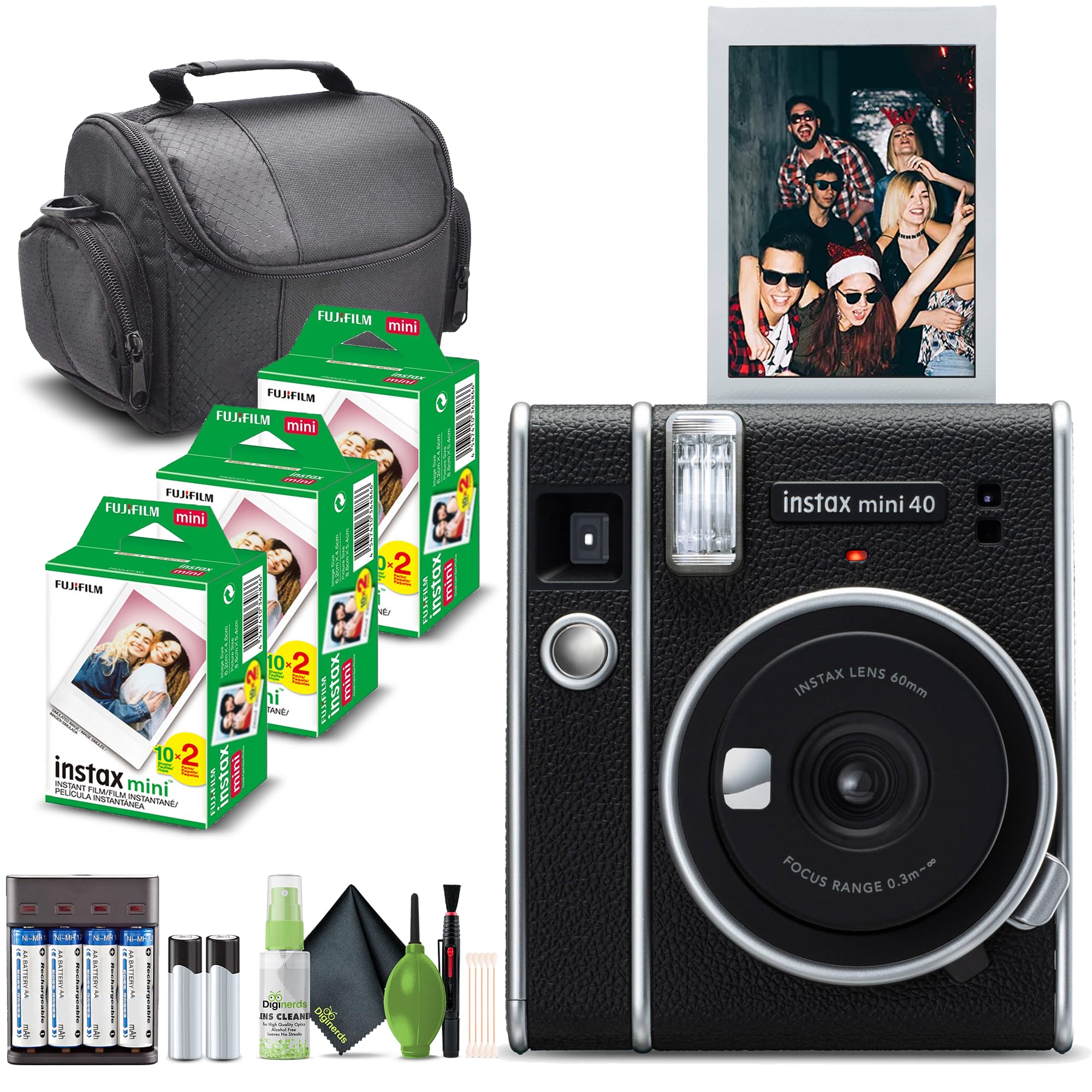 Fujifilm Instax Mini 40 Instant Camera Black Vintage Bundle with Fuji Instax Mini Film 60 Sheets + 4 Rechargeable Batteries and More Perfect Camera for Kids, Wedding, Birthday Or Any Occasion