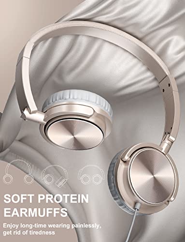 Nasuque Headphones with Microphone, Foldable Wired Headphones with Deep bass, Adjustable Headband and Noise Isolation for Smartphone Computer Laptop Chromebook MP3/4, (Gold)