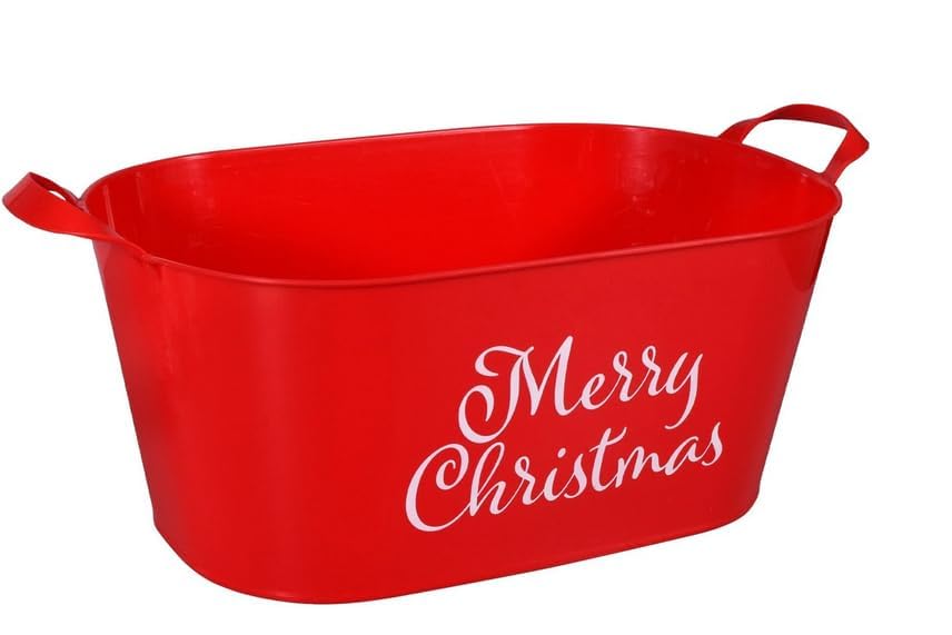 Merry Christmas Red Oval Bucket with Handle Sentiment Plastic Buckets Handles Gifts Gift Baskets Storage Organizer Containers Party Favor Xmas Holiday Decorations