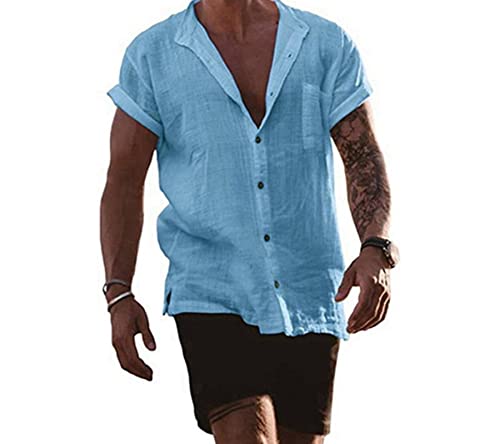 MBETA Cotton and Linen Solid Color Cardigan Loose Short Sleeve Shirt Suitable for Summer Menswear