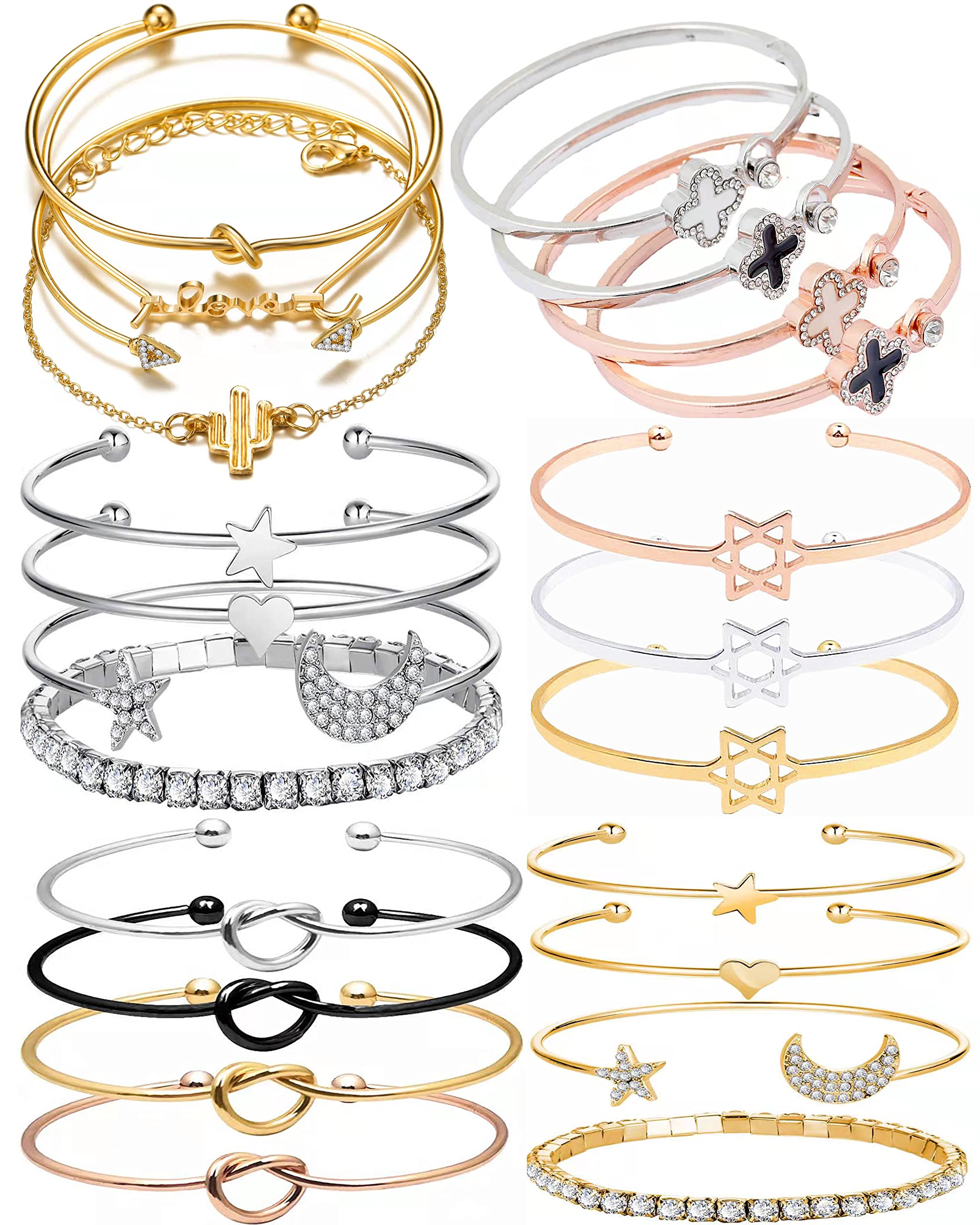 FMCAOFA 23PCS Multiple Layered Stackable Open Cuff Wrap Bangle Gold/Silver/Rose Gold Bracelets for Women Jewelry Adjustable Bangles for Girls Set Gifts