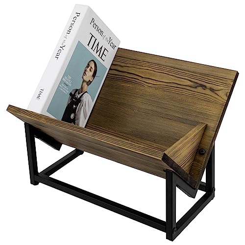 MyGift Rustic Burnt Solid Wood and Industrial Matte Black Metal Tilted Book Display Rack Shelf, Desktop Storage Organizer Bookshelf, Decorative Standing Bookcase