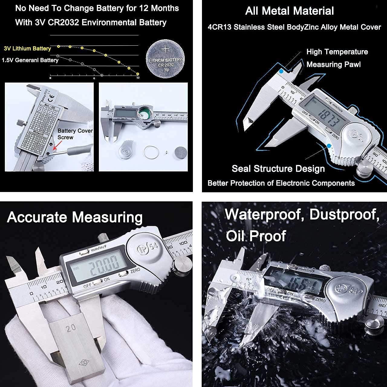 Kynup Caliper, Digital Caliper, Caliper Measuring Tool with Stainless Steel, Easy Switch from Inch Metric Fraction, Large LCD Screen, IP54 Waterproof Protection Design