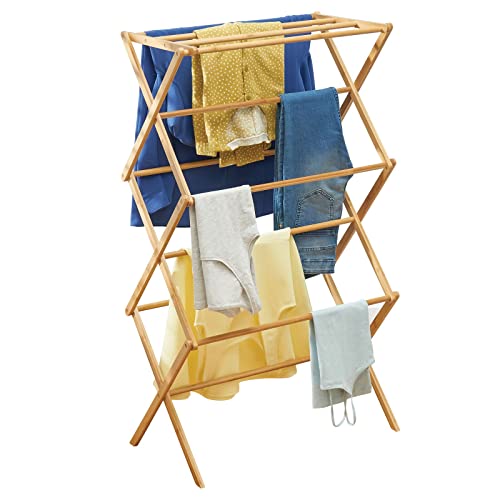 mDesign Bamboo Tall Vertical Portable, Collapsible, Foldable Laundry Drying Rack - for Laundry Room, Bathroom, Kitchen - to Dry Clothes, Towels - Echo Collection - Natural