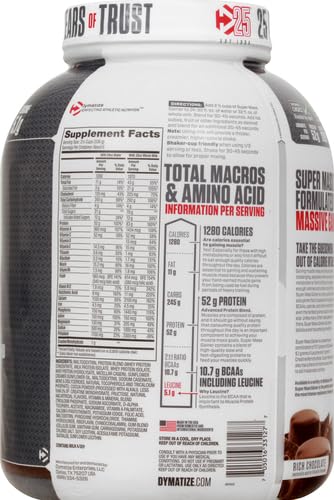 Dymatize Super Mass Gainer Protein Powder, 1280 Calories & 52g Protein, 10.7g BCAAs, Mixes Easily, Tastes Delicious, Rich Chocolate, 6 lbs