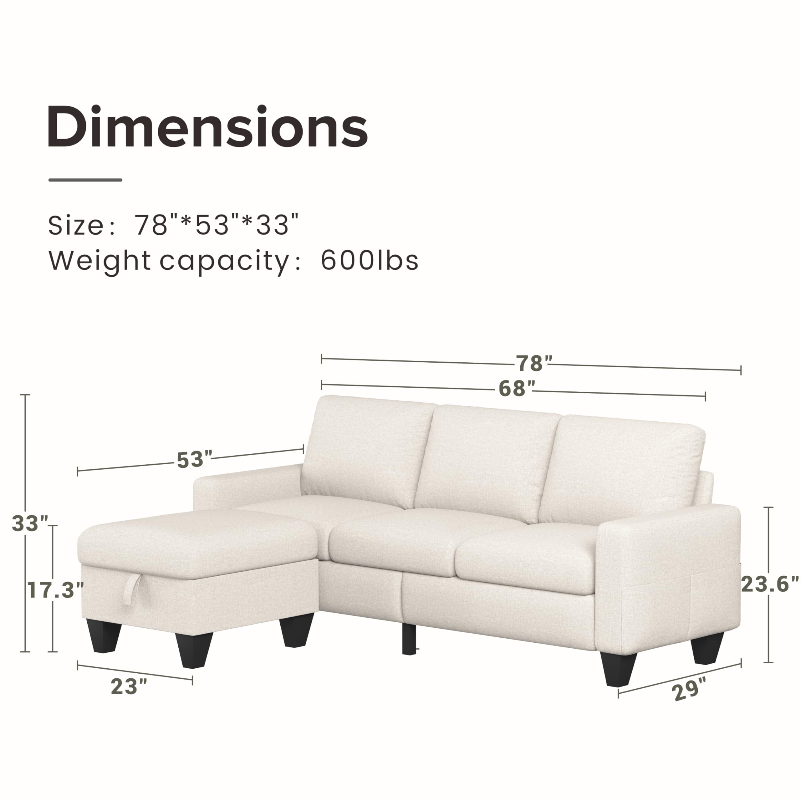 Lonkwa 78'' Convertible Sectional Sofa Couch, Beige 3 Seat L-Shaped Couch with Storage Ottoman, Modern Linen Fabric Couches for Living Room, Apartment, Office, Small Space