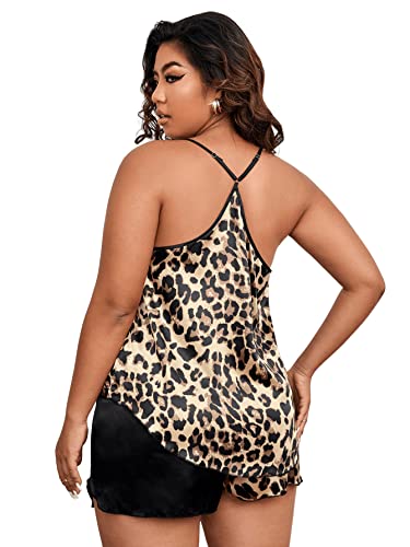 SOLY HUX Women's Plus Size Satin Sleepwear Leopard Print Color Block Cami Top and Shorts Pajama Set Black 4XL