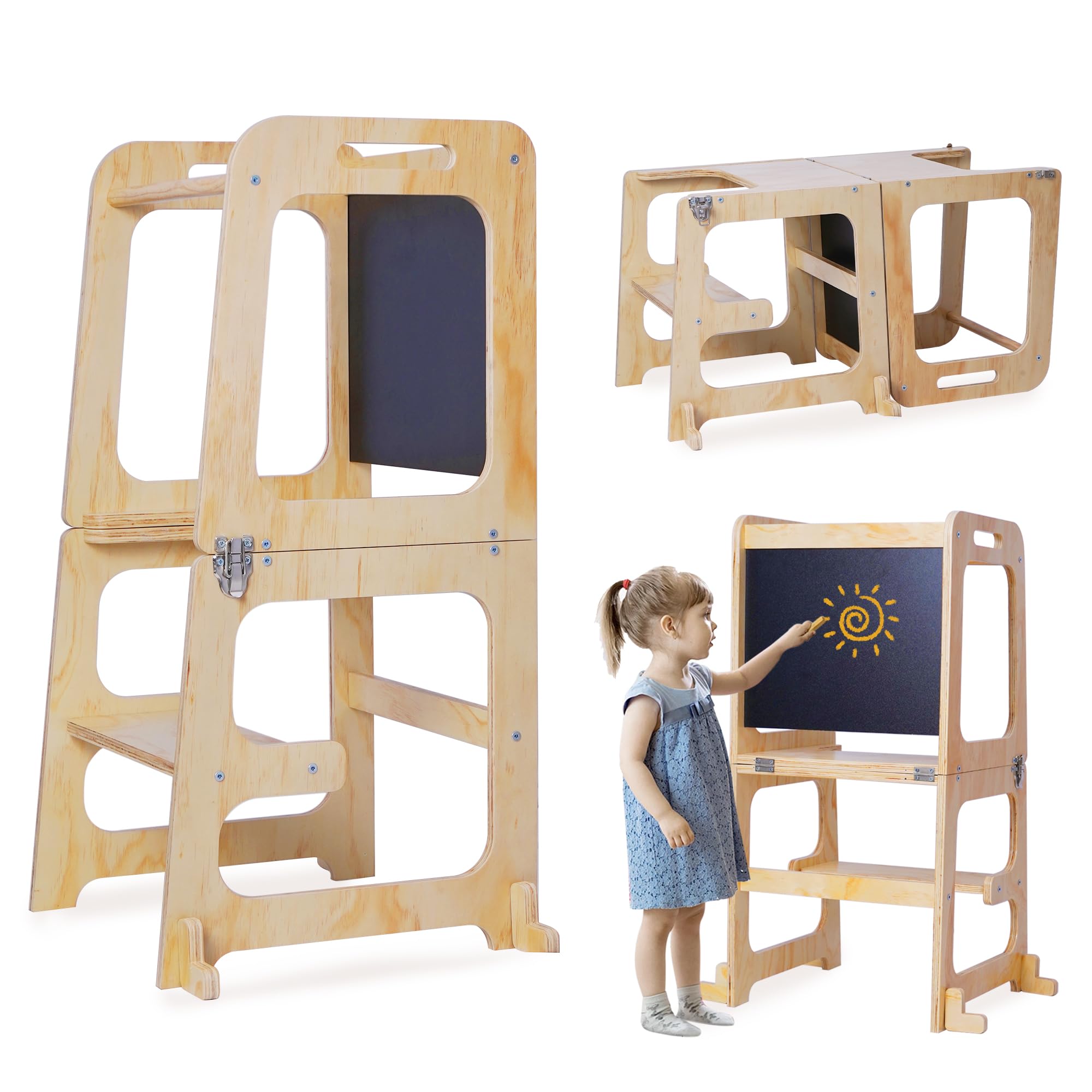 lesolar 3-in-1 Toddler Standing Tower, Kids Kitchen Step Stool Helper, Montessori Assistant Tower Suitable for Toddlers and Children from 1-6 Years Old Kitchen Blackboard Tower with Safety Rail