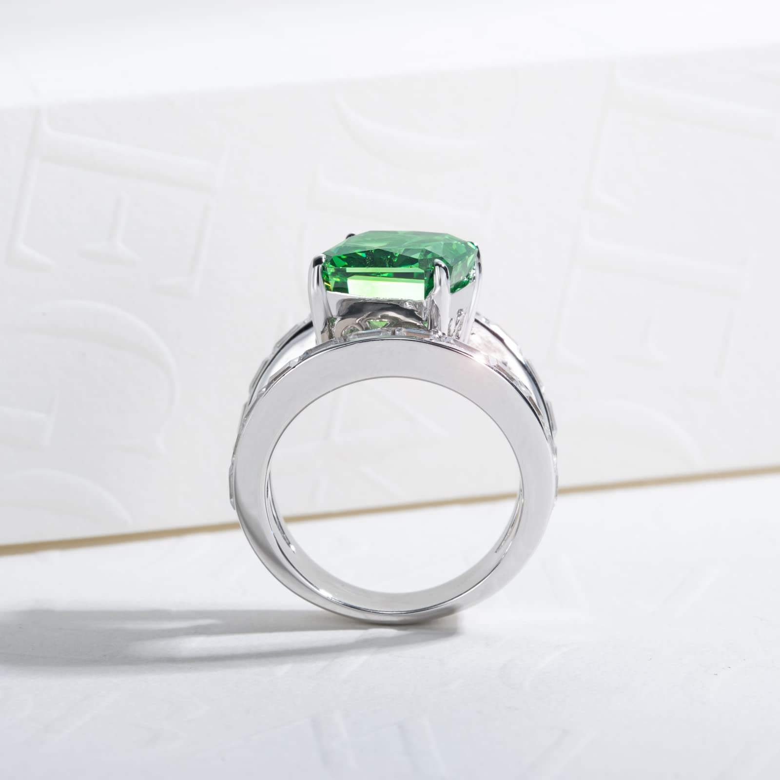 Gobaalele 7.90cttw Cubic Zirconia Engagement Ring,Split Shank Solitaire Statement Ring,Radiant Cut 5A Grade 5.5ct Simulated Emerald, Sterling Silver, Cubic Zirconia