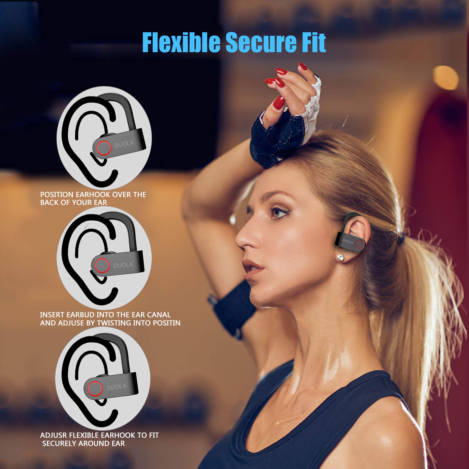 Duola Bluetooth 5.0 Earbuds with Ear Hook, Sport Wireless Headphones, Noise-Cancelling, 8 Hours Playtime, High Stereo-Sound Quality, Compatible with iOS/Android/Windows, Black