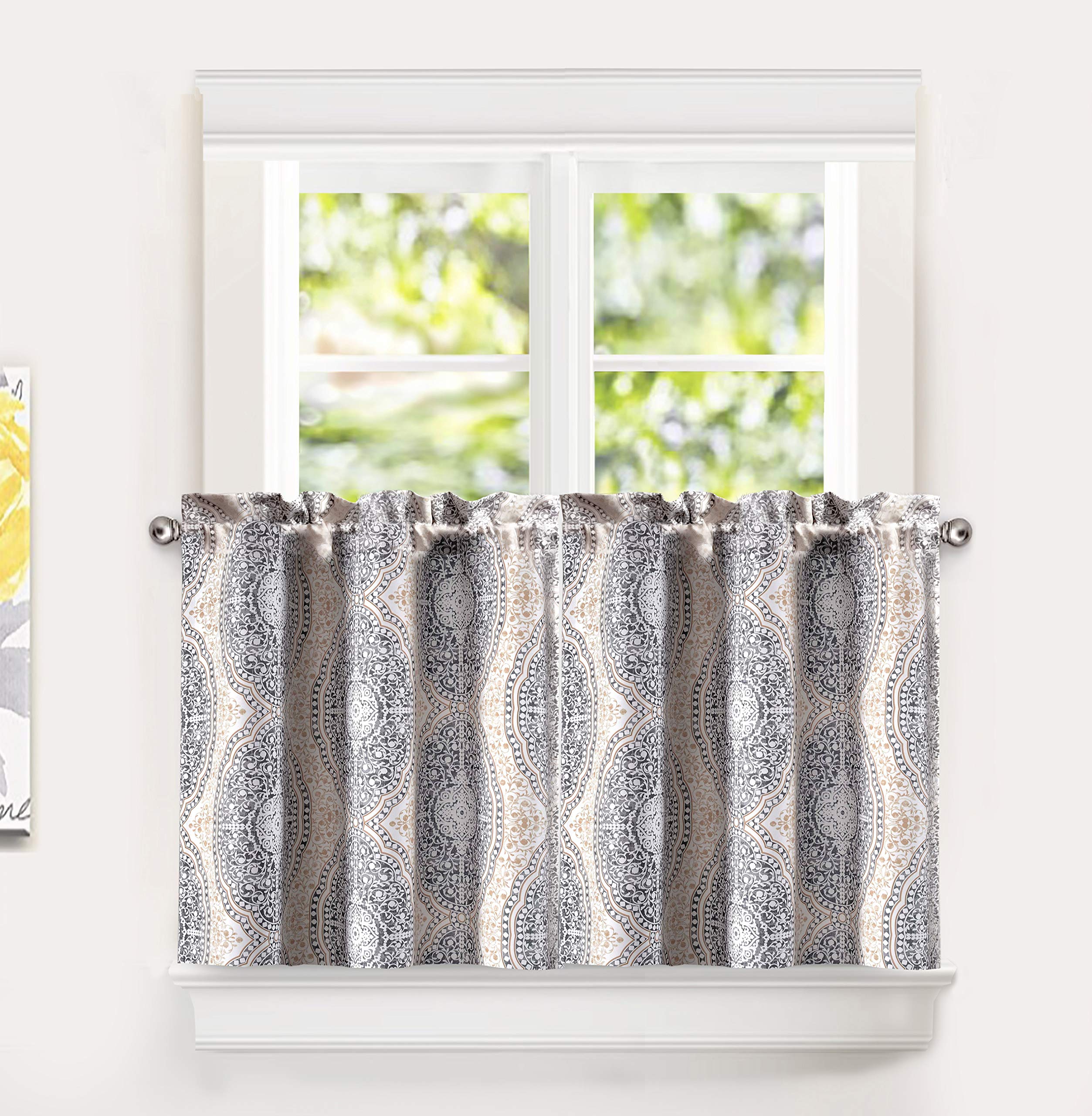 DriftAway Adrianne Thermal and Room Darkening Kitchen Tier Window Treatment Set of 2 Each 30 Inch by 24 Inch Plus 2 Inch Header Beige and Gray