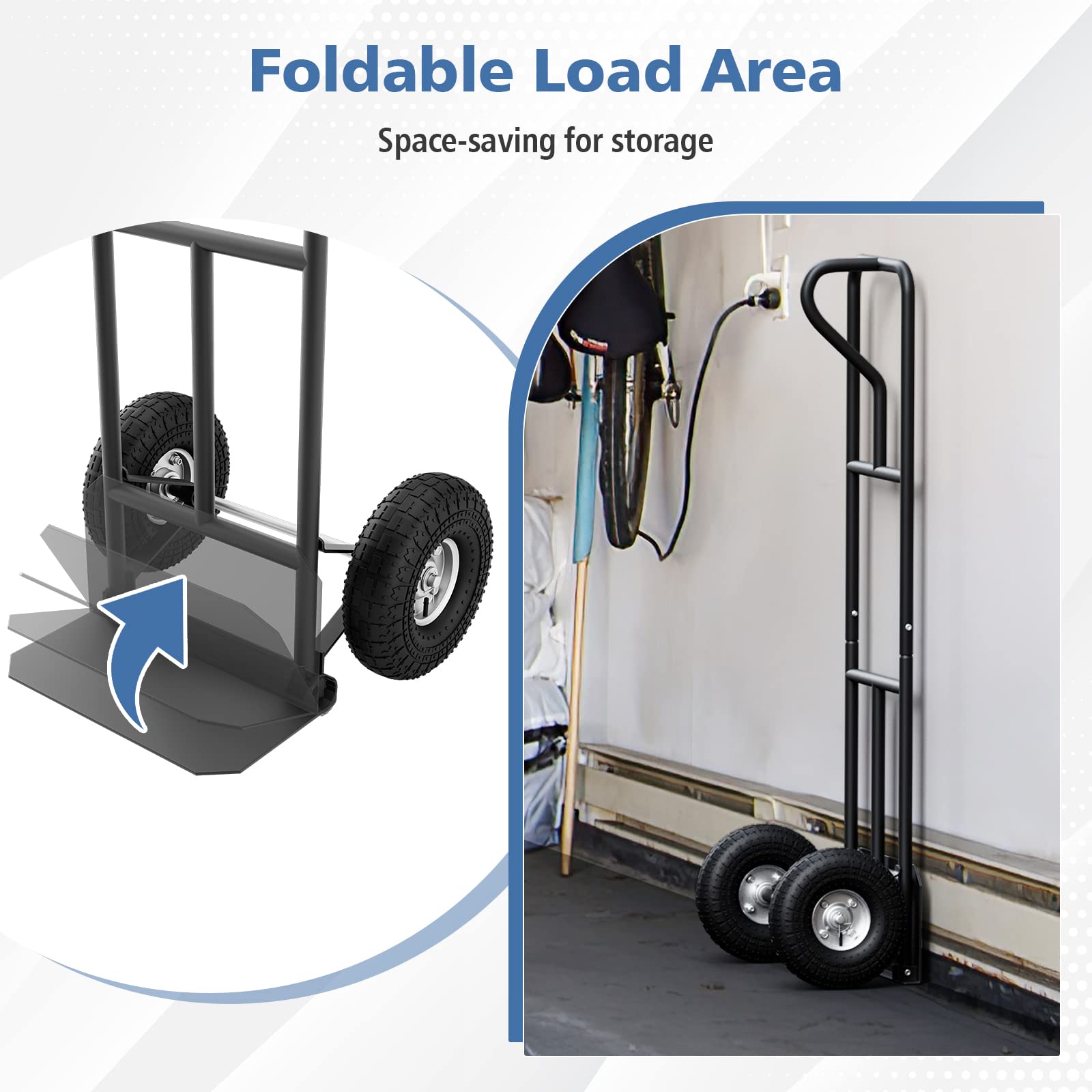 Goplus Hand Truck, P-Handle Hand Truck Dolly w/Vertical Loop Handle, 10β Pneumatic Rubber Wheels, 15βx 8β Foldable Nose Plate, 660LBS Capacity, Heavy Duty Metal Dolly Cart for Lifting, Stairs (Black)