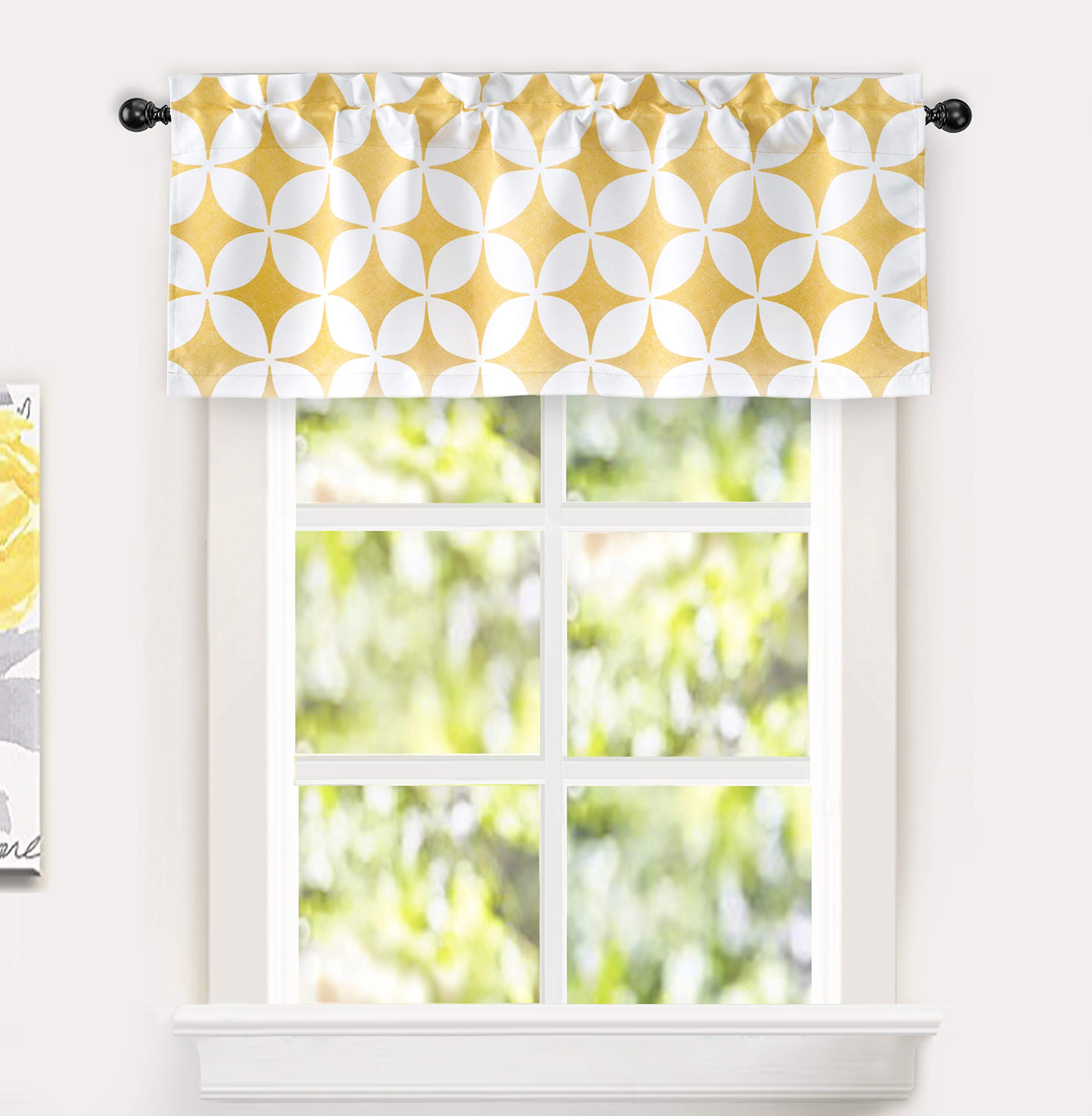 DriftAway Amelia Retro Geo Pattern Round Circle Star Print Blackout Valance Rod Pocket Curtain Single 52 Inch by 18 Inch Plus 2 Inch Header Yellow