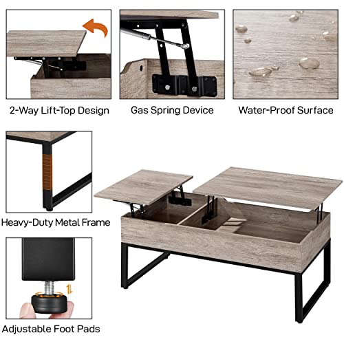 Yaheetech Lift Top Coffee Table with Hidden Storage Compartment, Farmhouse Wooden Center Table with 2 Way Raisable Tabletop & Gas Lift Mechanism for Living Room Reception Room,Gray