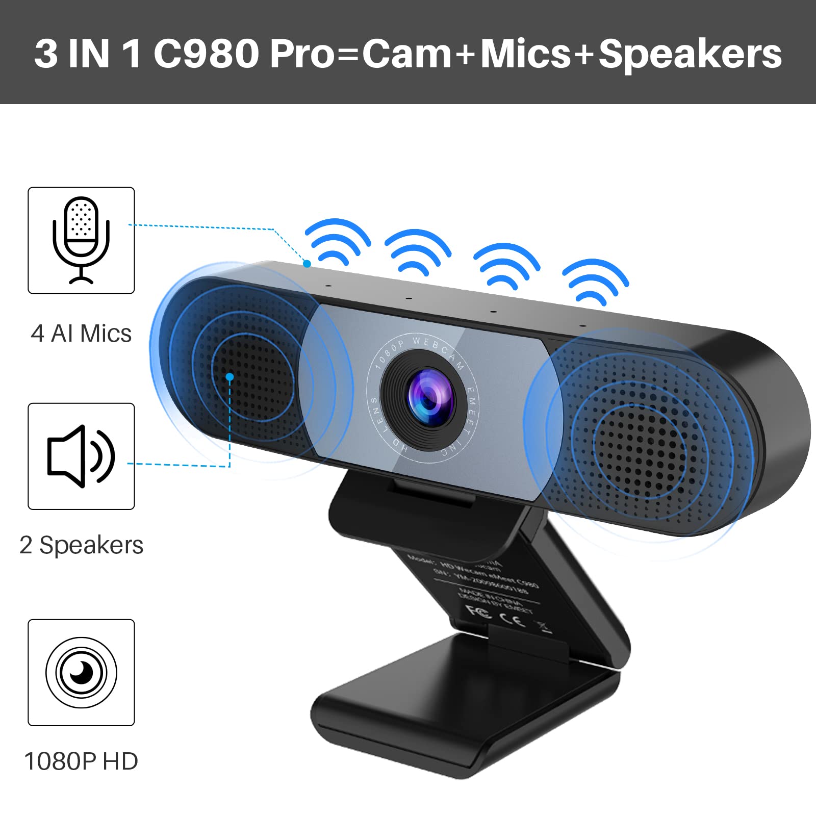 EMEET 3 in 1 Webcam - Streaming Webcam with Microphone, 2 Speakers & 4 Built-in Noise Reduction Microphones, C980 Pro 1080P HD Webcam for Video Conferencing/Gaming, Plug & Play, w/Cover - Gray