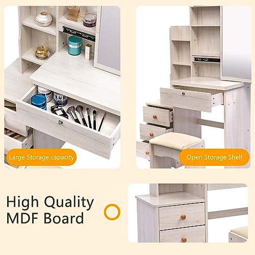 Susici Modern Makeup Vanity Table with Adjustable Lighted Mirror,Dressing Table Set with High Capacity Storage Drawers Shelves&Cushioned Stool,Vanity for Bedroom (Sliding Square Mirror2, 31.5x14x51)