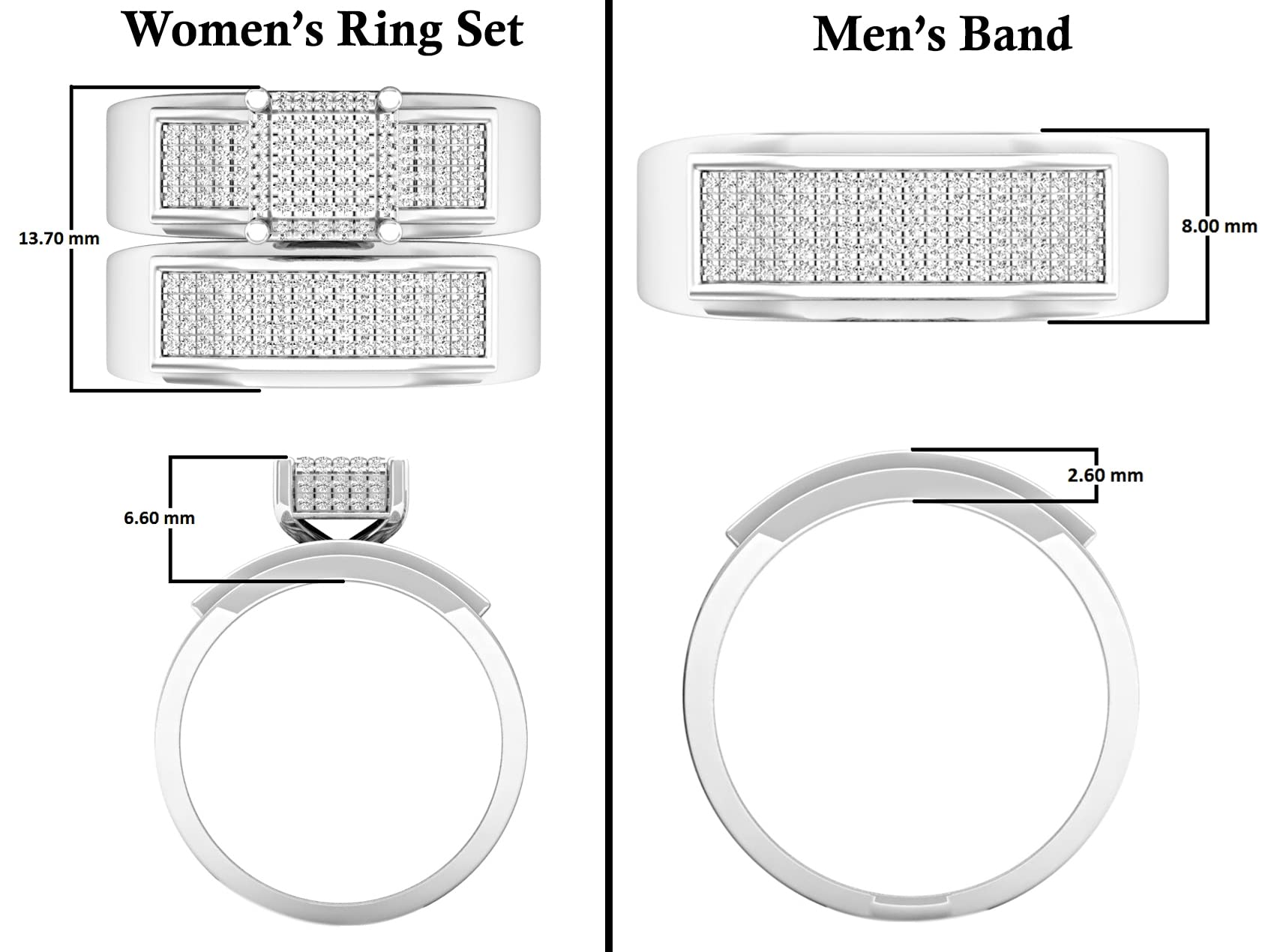 Dazzlingrock Collection 0.65 Carat (ctw) Round White Diamond Square Cluster Wedding Trio Ring Set in 925 Sterling Silver, Women size 8 & Men size 11
