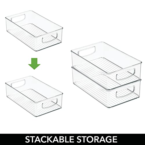 mDesign Plastic Kitchen Bins with Handles and Preprinted Cursive Food Labels Combo Set for Organizing Pantry, Kitchen, Shelves, or Counter, Includes 4 Clear Bins and 120 White Labels with Black Text